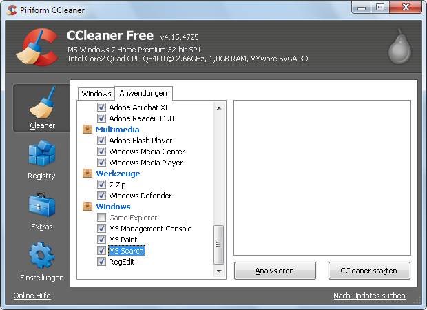 Freeware CCleaner loscht Windows Index pctipp.ch
