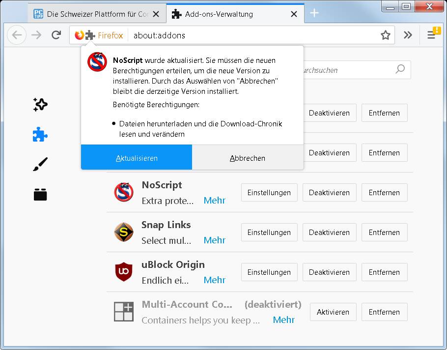 Firefox: NoScript Add-on benötigt neue Berechtigungen - pctipp.ch