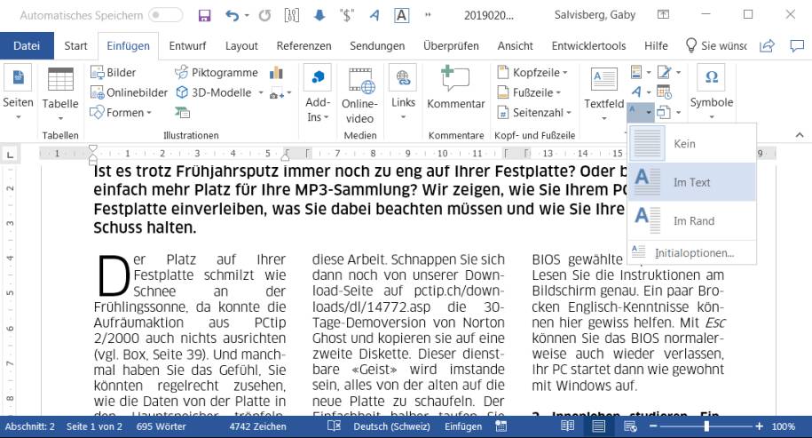 Word/LibreOffice: den ersten Buchstaben als Initial gestalten - pctipp.ch