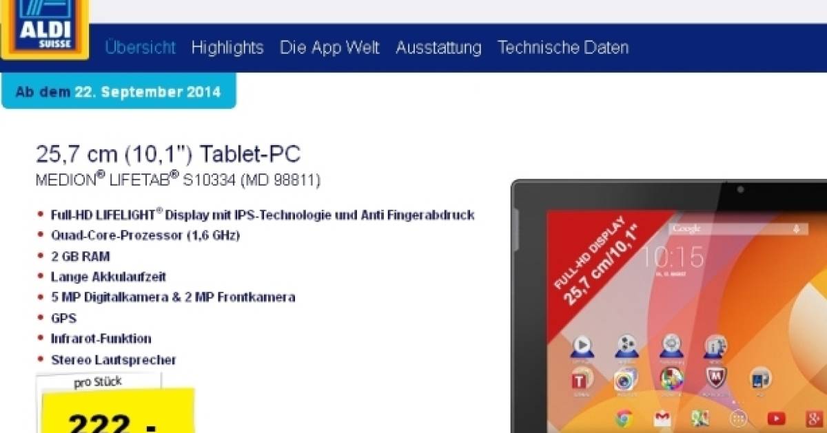 Preisalarm: Aldi-Tablet für Fr. 222.- - pctipp.ch