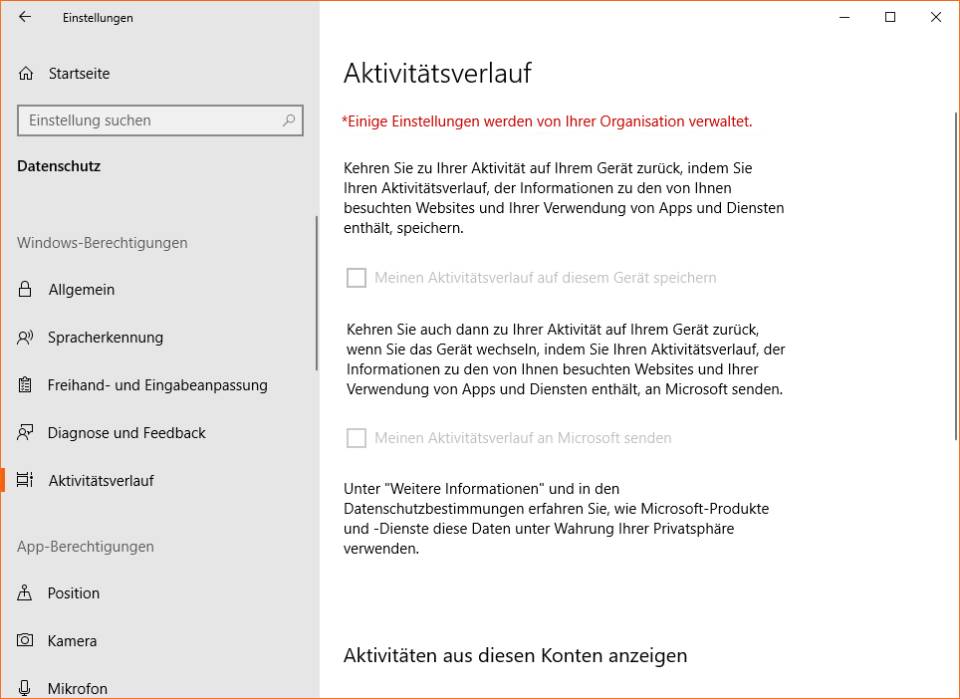 Win10: Aktivitätsverlauf oder Windows-Update «von Ihrer Organisation ...