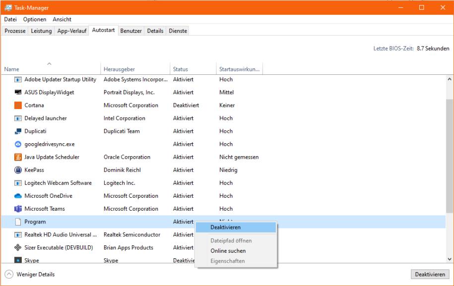 Was soll der Autostart-Eintrag «Program» im Task-Manager? - pctipp.ch