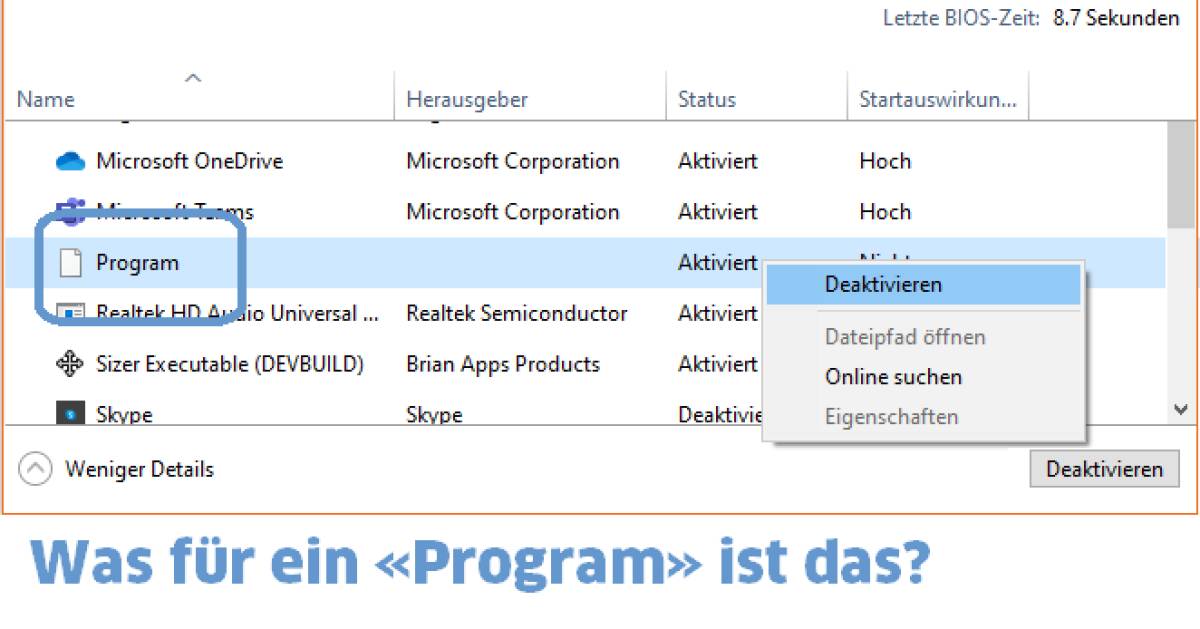 Was soll der Autostart-Eintrag «Program» im Task-Manager? - pctipp.ch