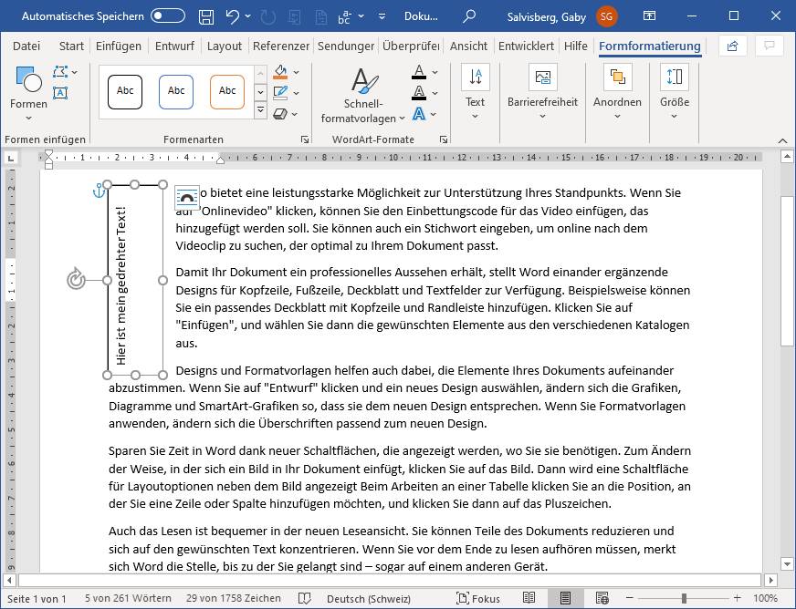 Word: Textfeld mit um 90° gedrehtem, vertikalem Text - pctipp.ch