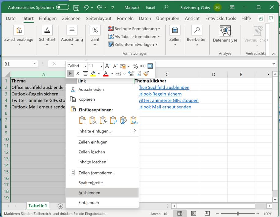 Excel: Spalte mit per Hyperlink-Funktion verlinkten Wörtern kopieren ...