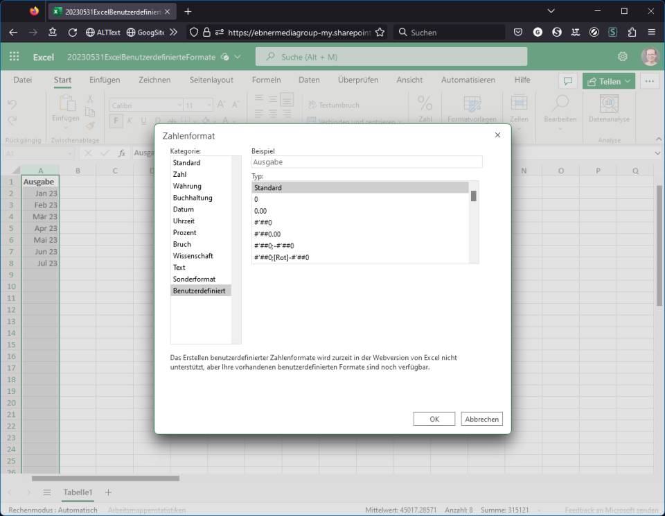 Excel Online unterstützt keine benutzerdefinierten Formate - pctipp.ch