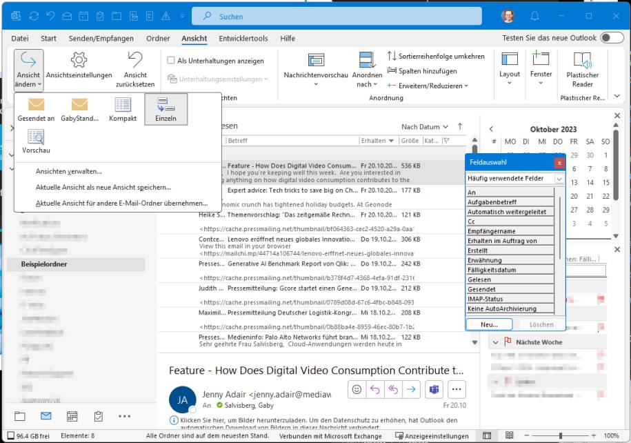Outlook: Wie komme ich zur Spaltenansicht? - pctipp.ch