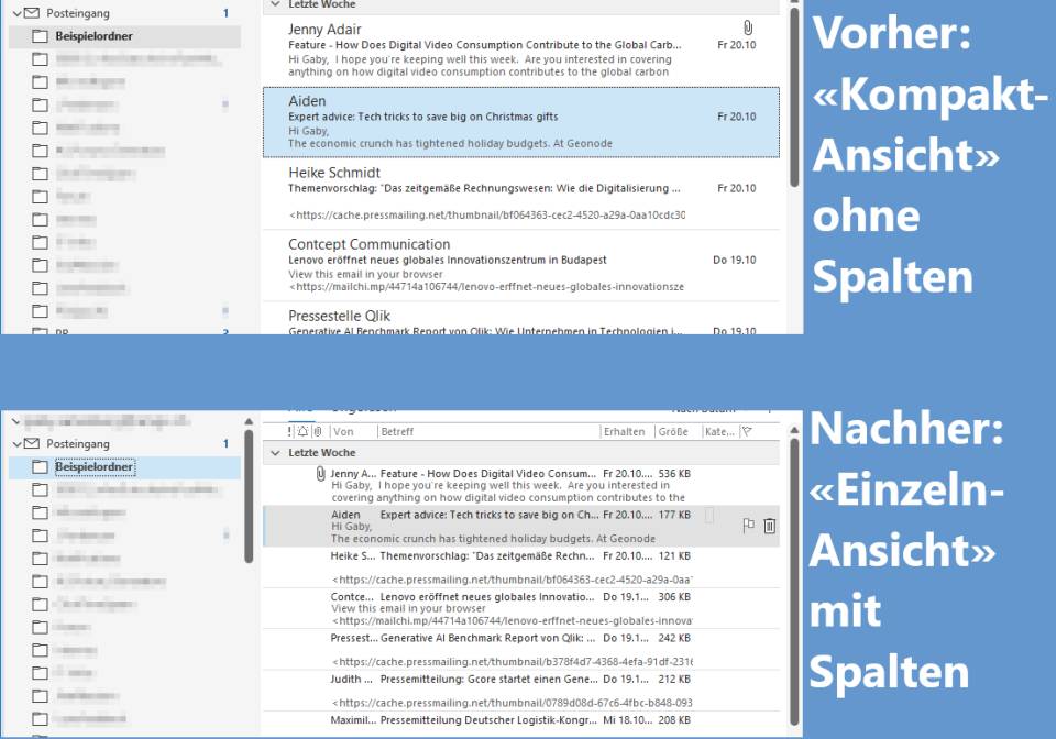 Outlook: Wie komme ich zur Spaltenansicht? - pctipp.ch