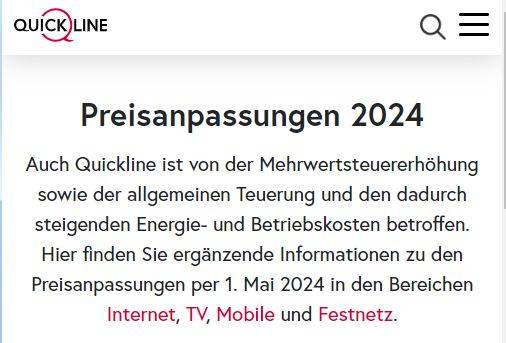 Quickline erhöht den Preis beim aktuellen Internet-Abo S - pctipp.ch