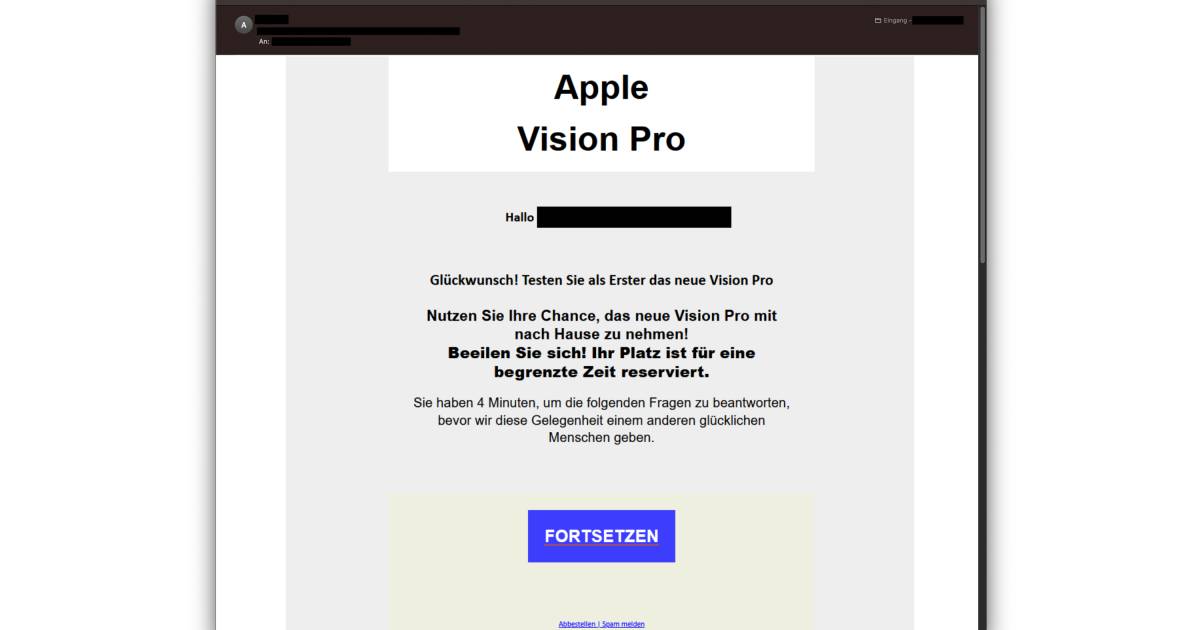 Phishing-Mail an potenzielle Apple Vision Pro-Tester - pctipp.ch