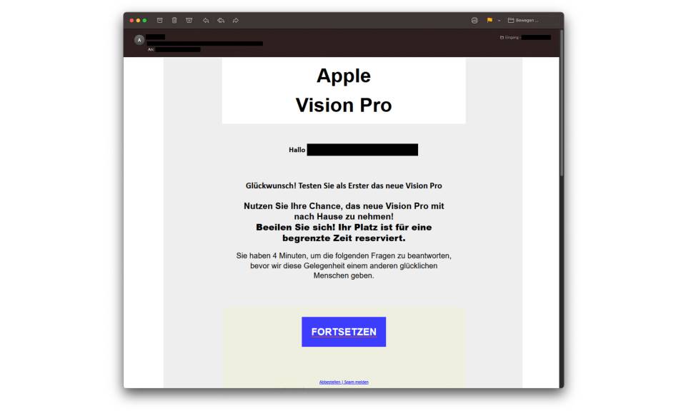 Phishing-Mail an potenzielle Apple Vision Pro-Tester - pctipp.ch