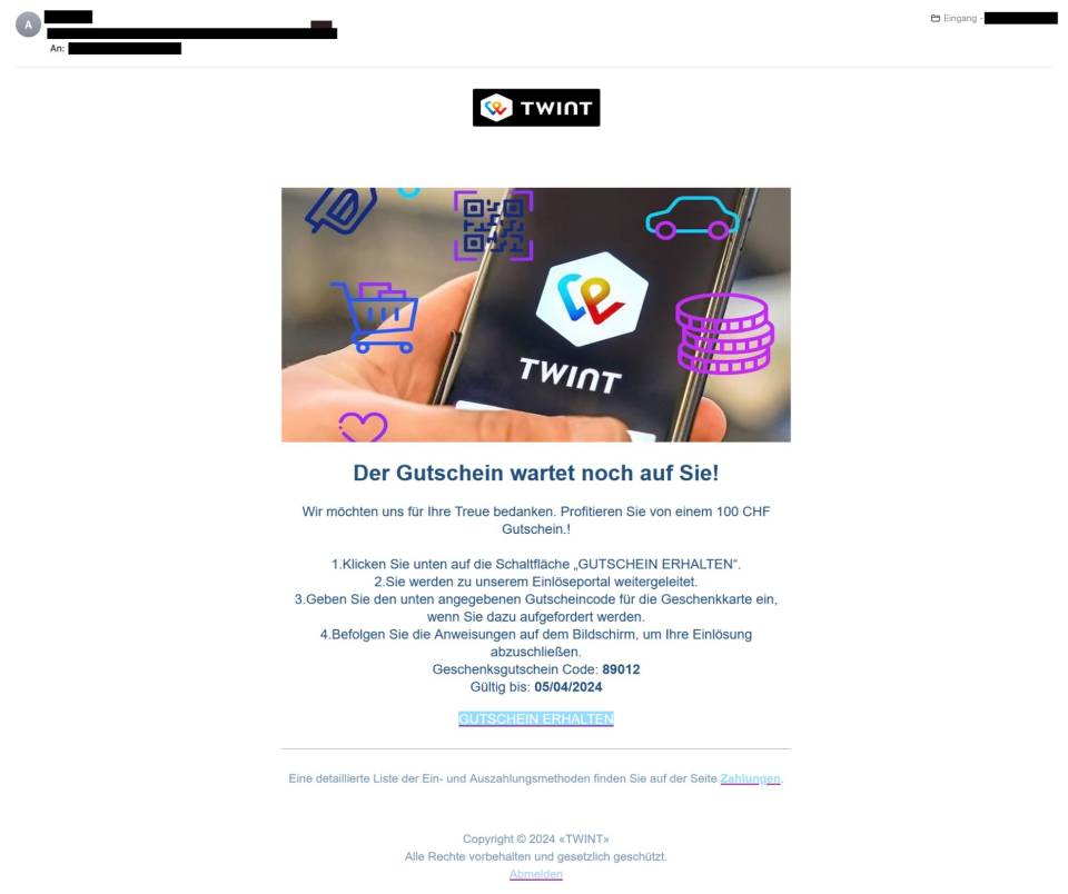 Angeblicher TWINT-Gutschein entpuppt sich als Account Takeover - pctipp.ch